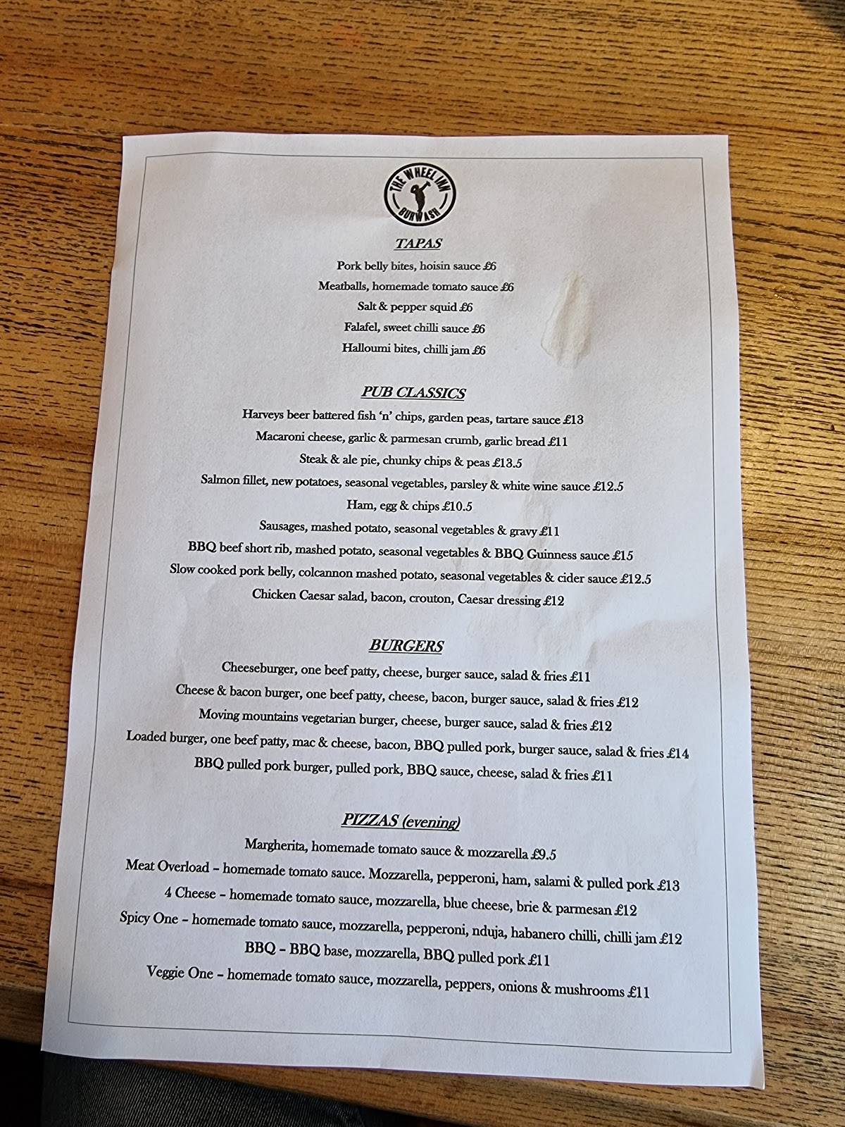Menu at The Wheel Inn pub & bar, Burwash