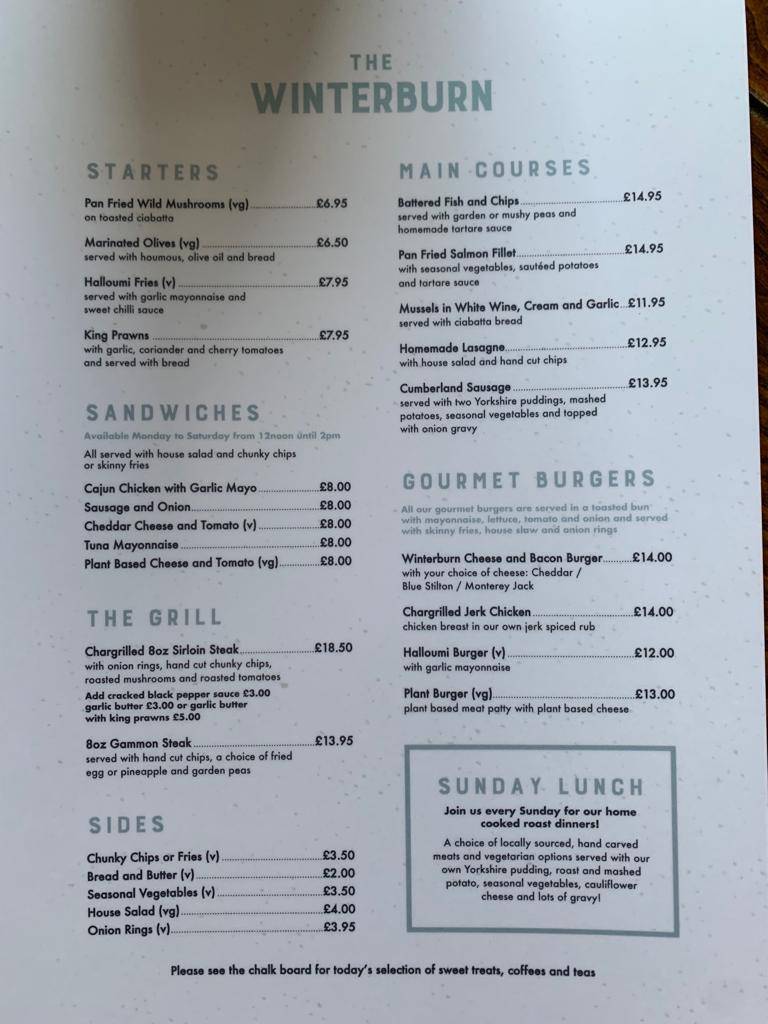 Menu at The Winterburn pub & bar, Halifax