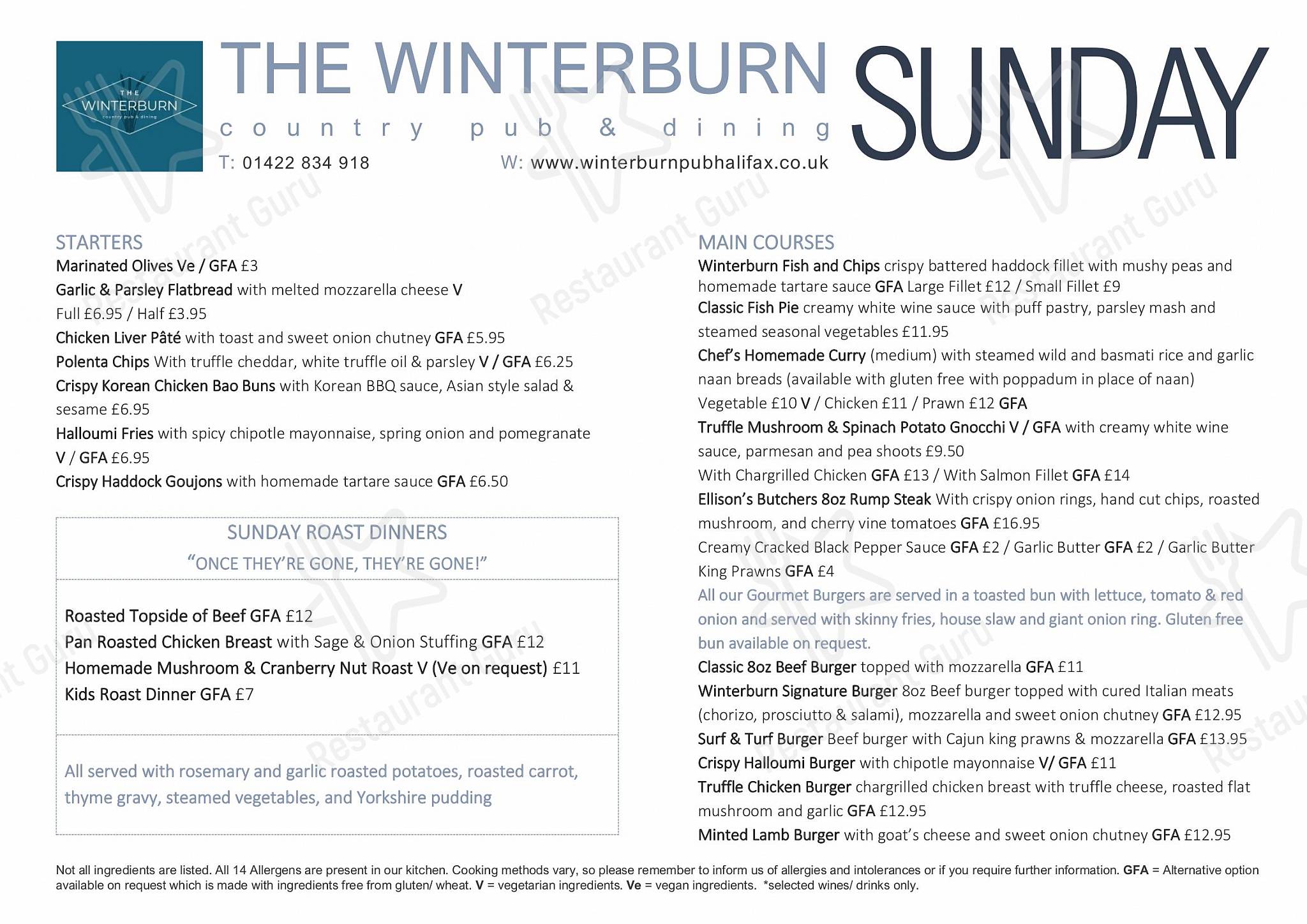 Menu at The Winterburn pub & bar, Halifax