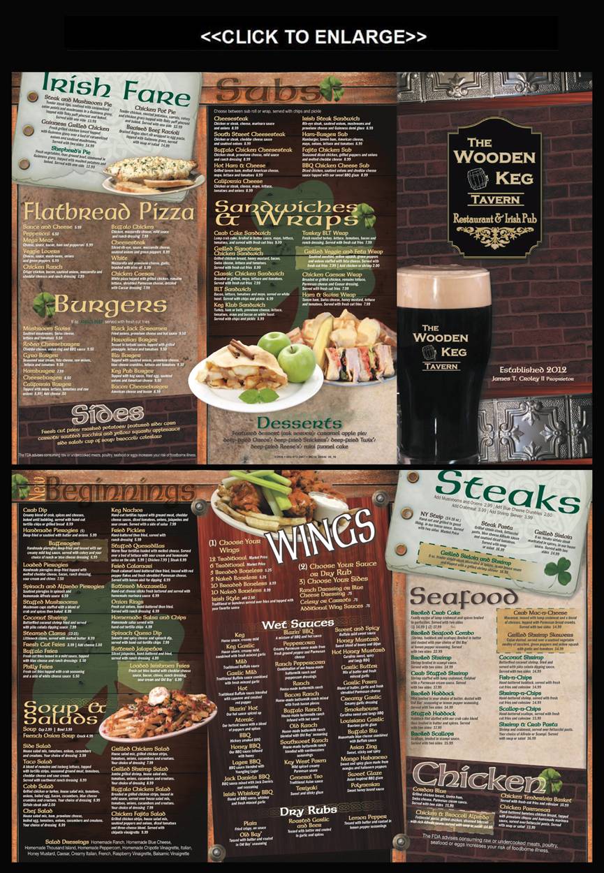 Menu at The Wooden Keg Tavern Pottsville pub & bar, Pottsville
