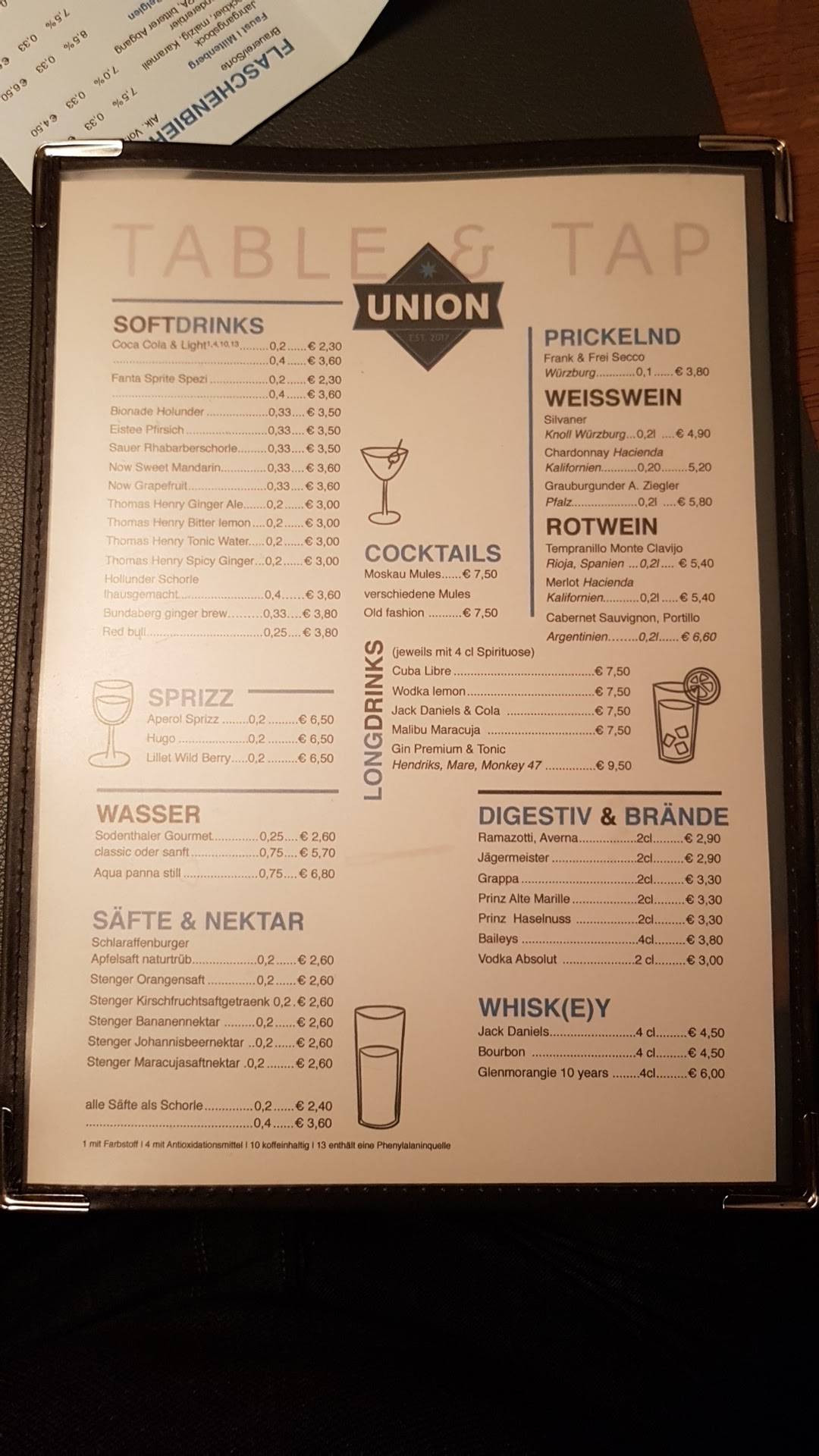 Speisekarte von Union Table and Tap pub & Bar, Aschaffenburg