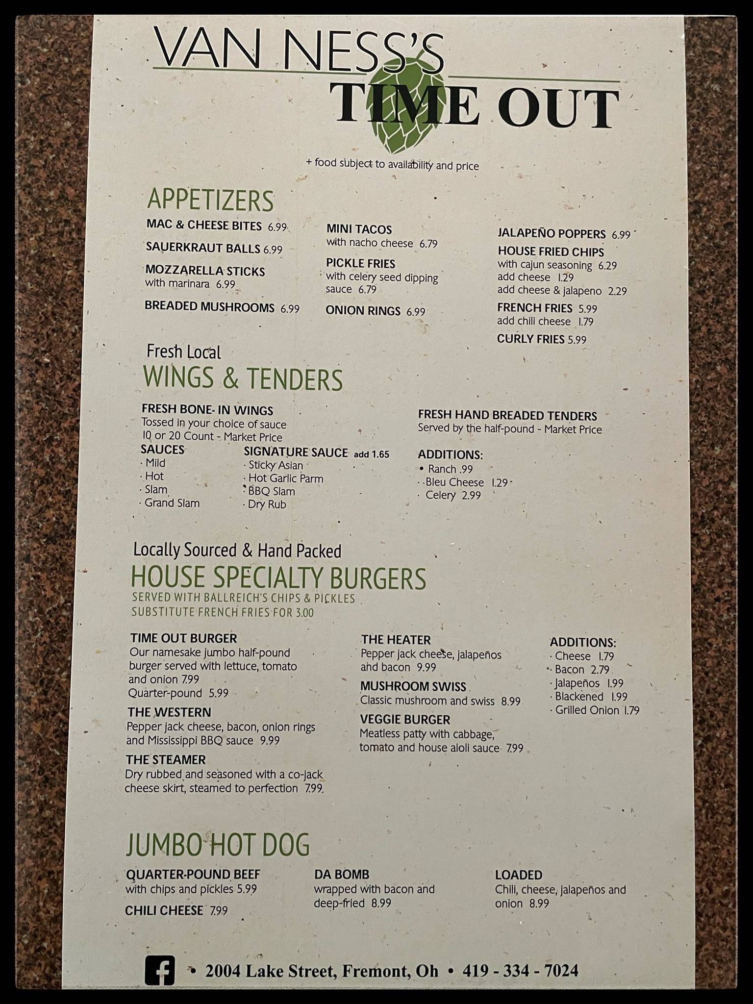 Menu at Van Ness's Time Out pub & bar, Fremont