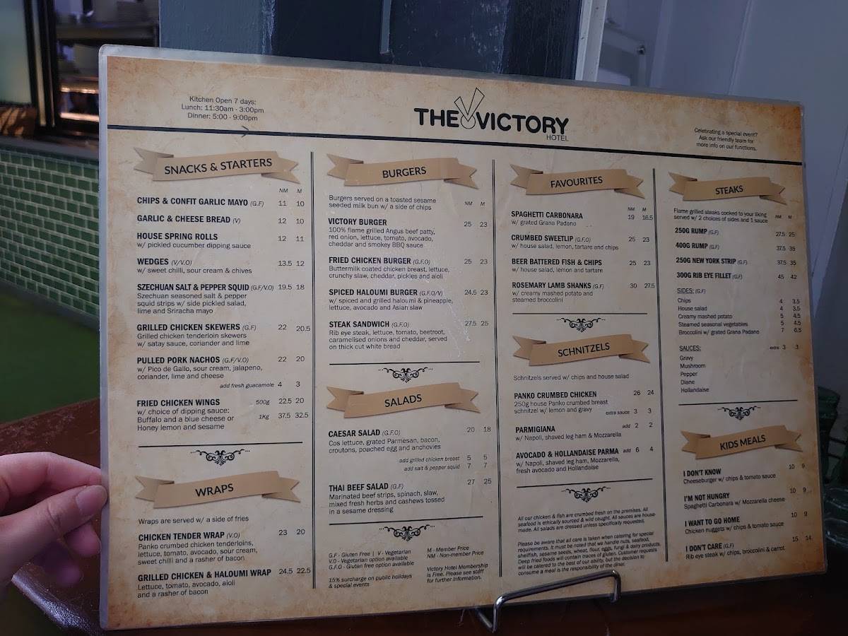 Menu at Victory Hotel pub & bar, Brisbane City