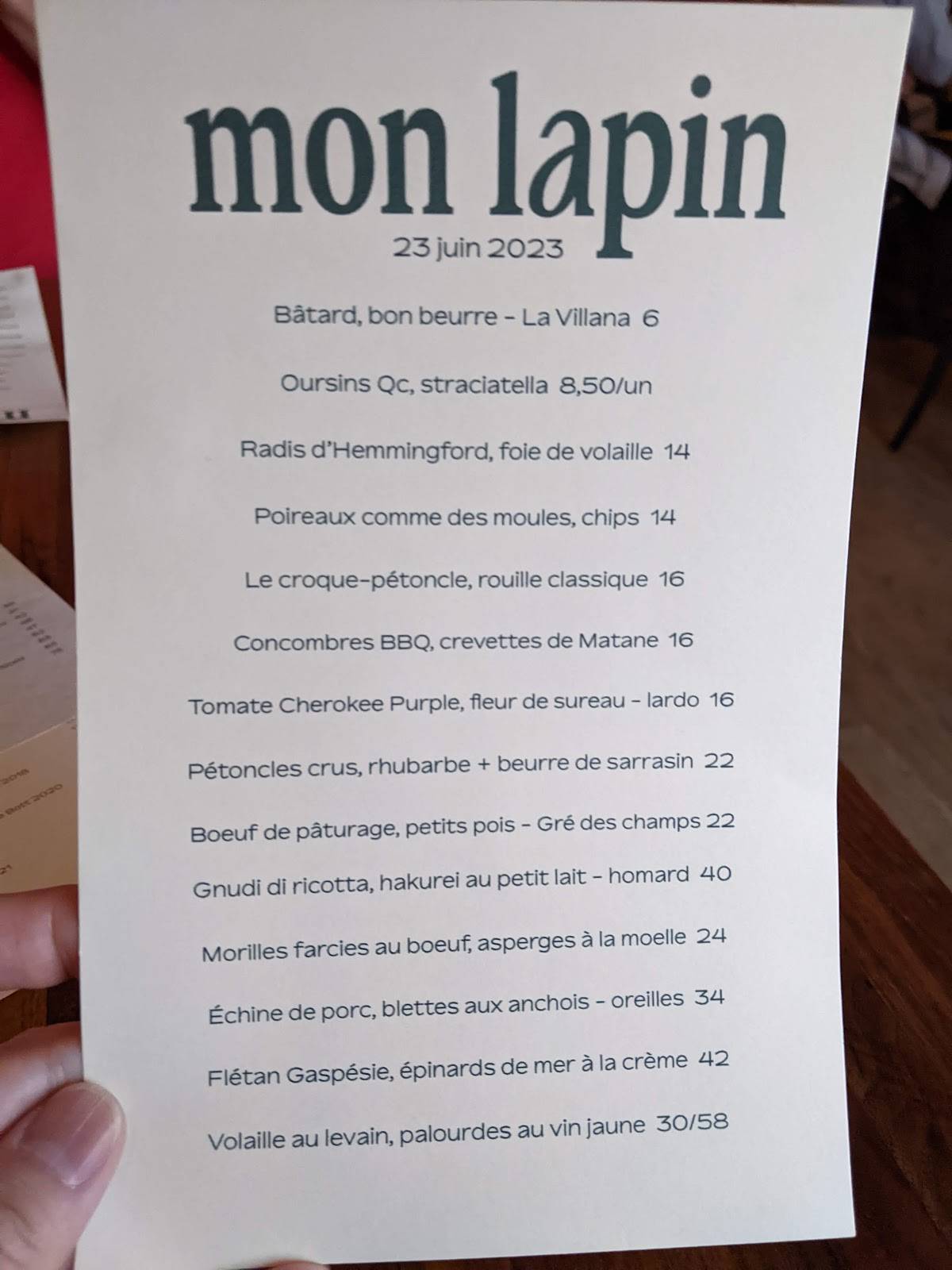 Menu au Mon Lapin pub et bar, Montréal