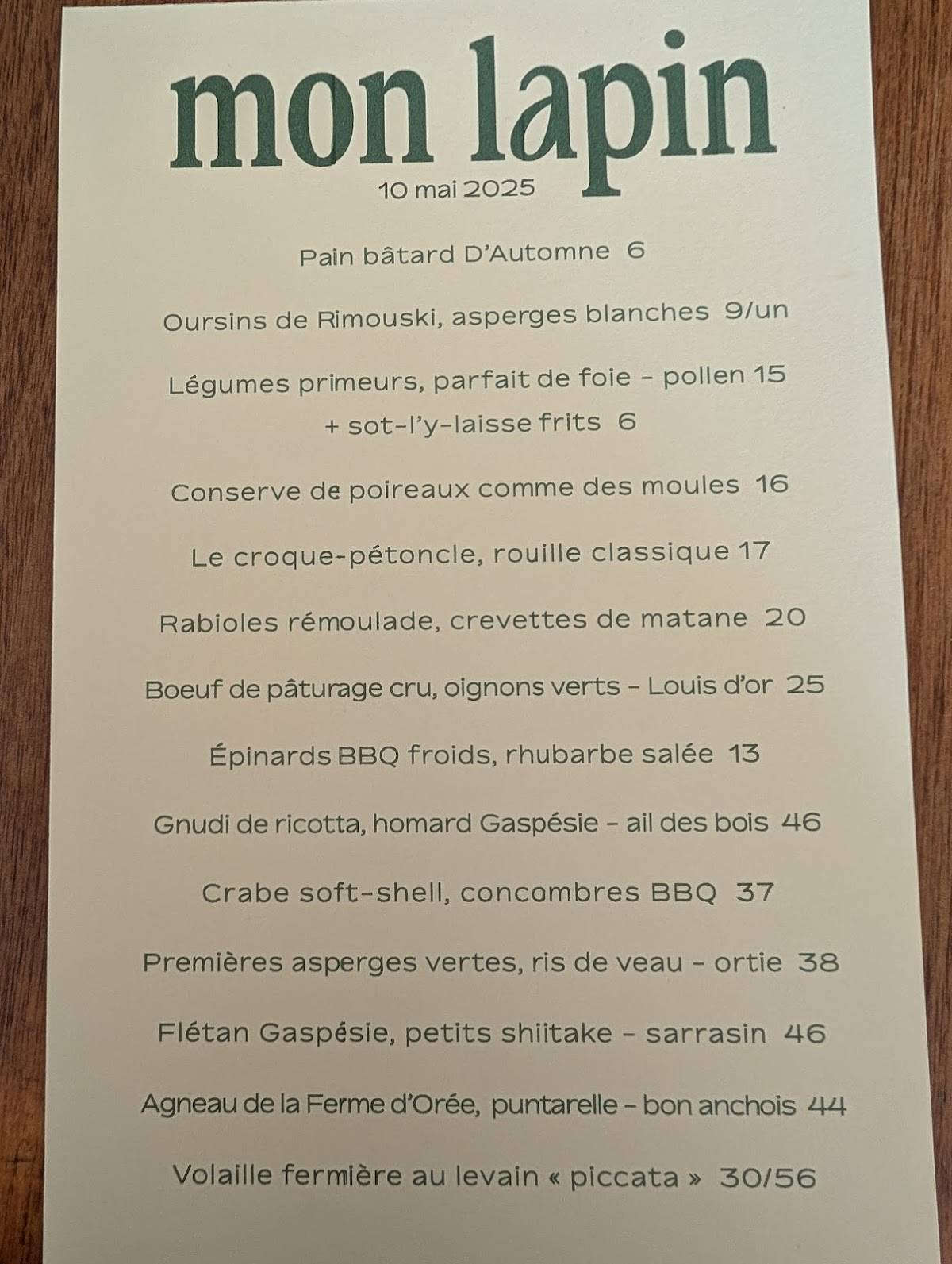 Menu at Vin Mon Lapin pub & bar, Montréal