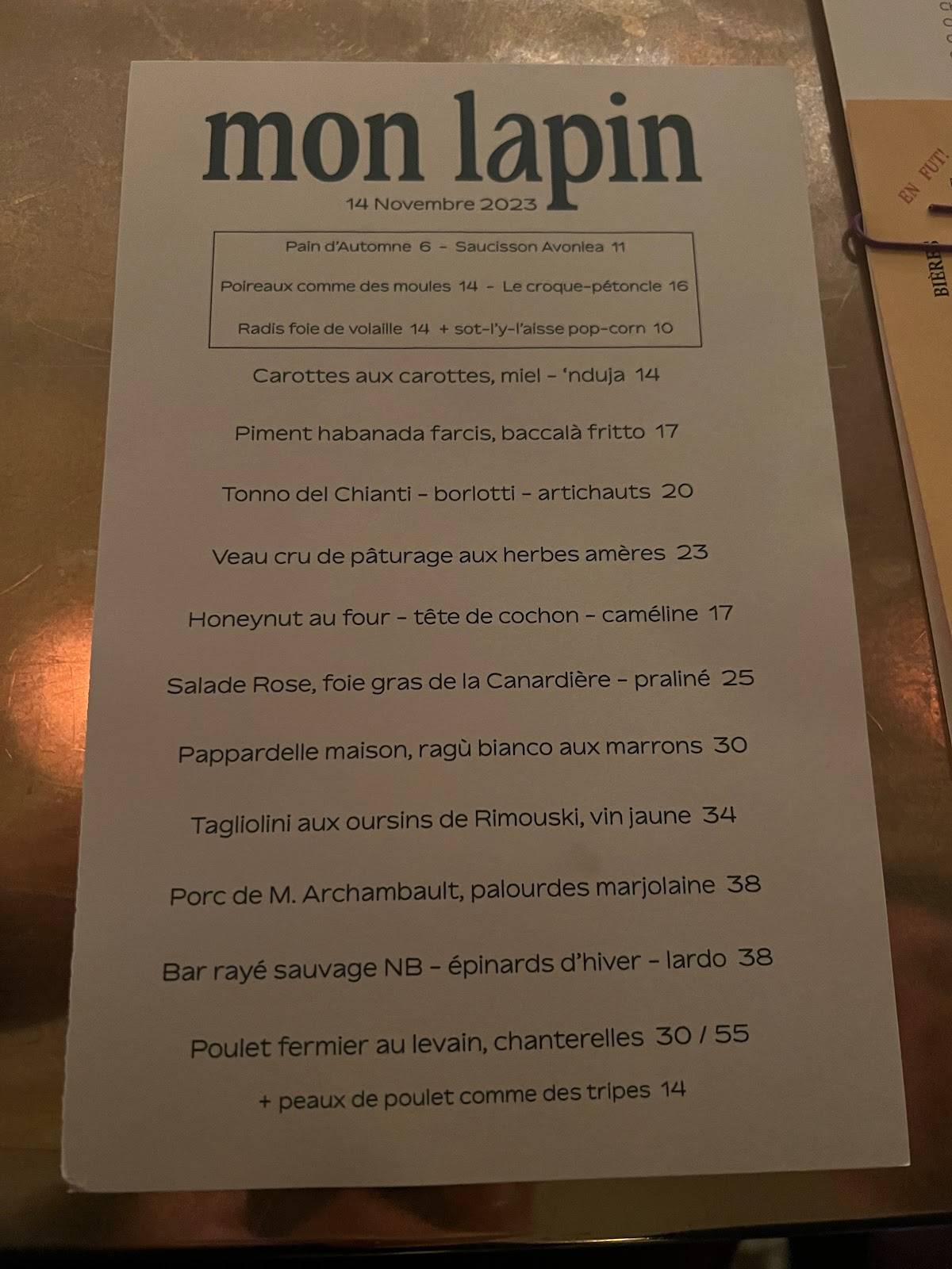 Menu at Vin Mon Lapin pub & bar, Montréal