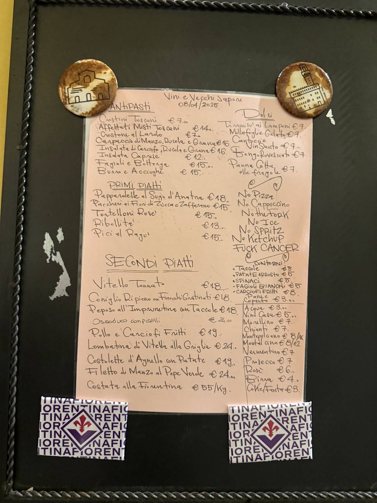 Menu at Vini e Vecchi Sapori pub & bar, Florence