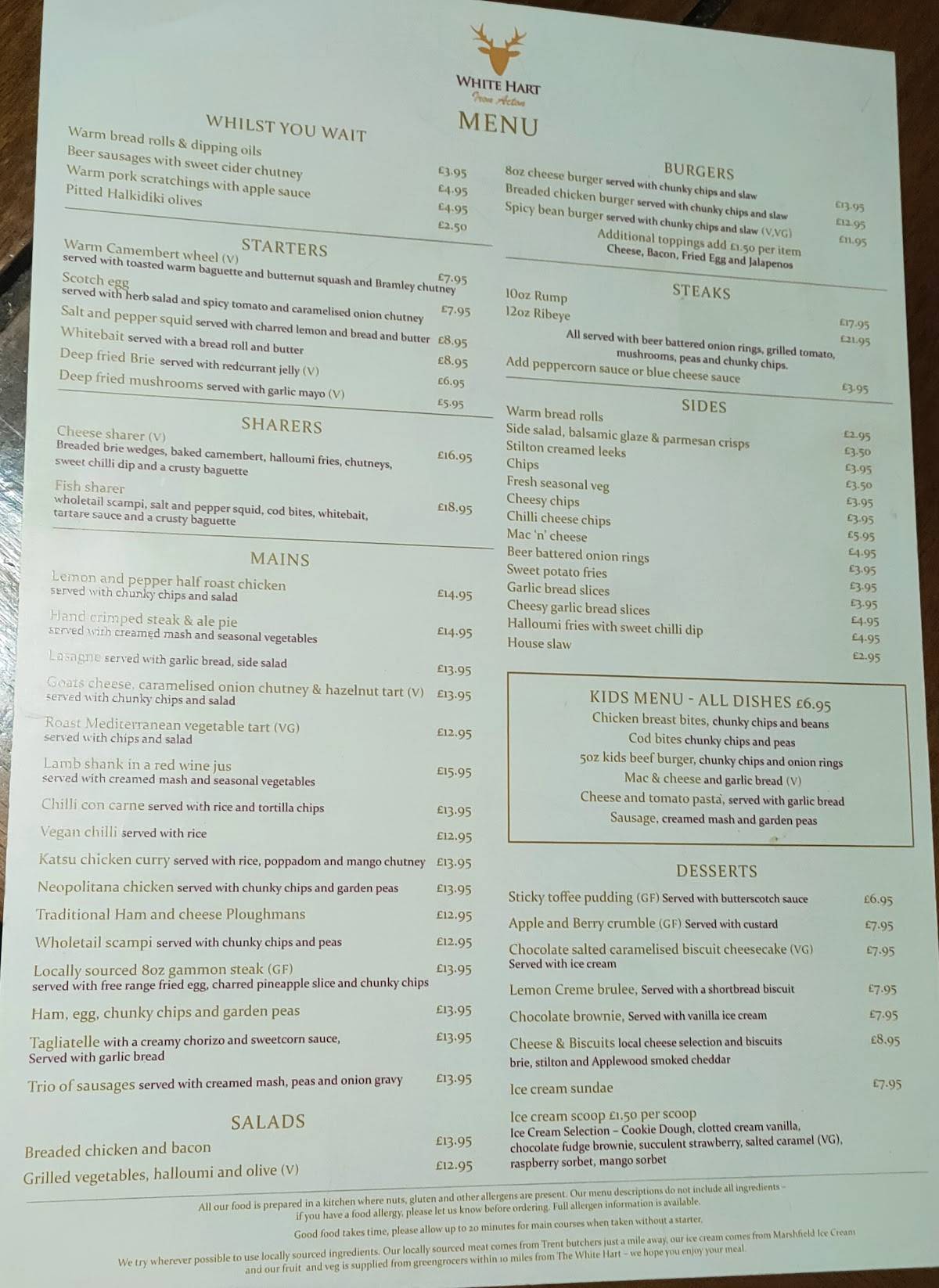 Menu at White Hart Inn pub & bar, Bristol, The White Hart Inn