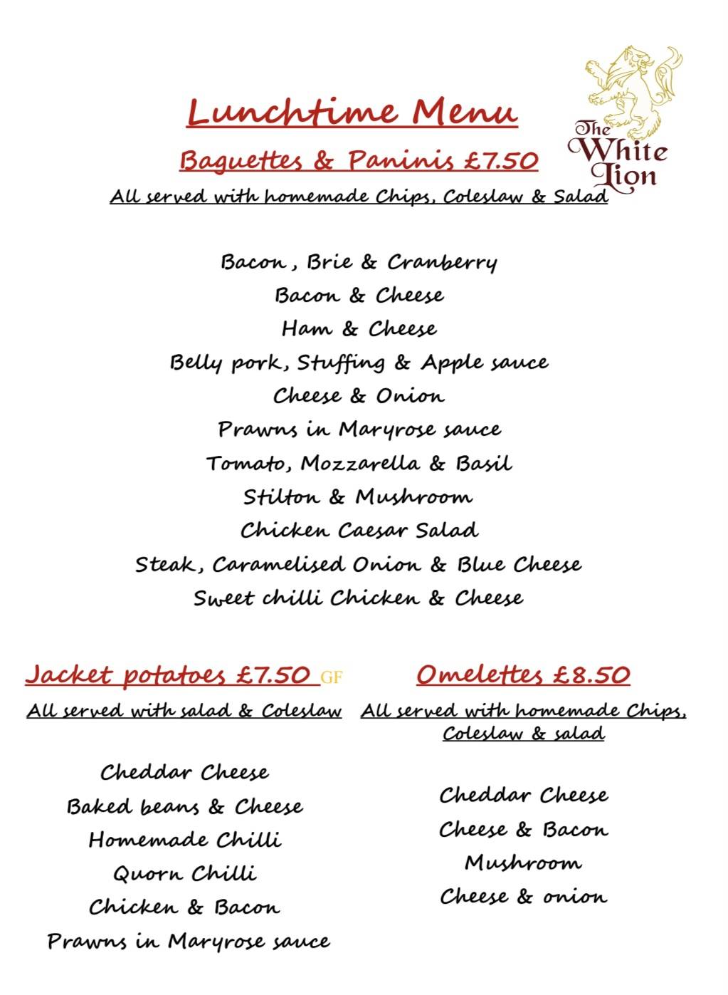 Menu at White Lion restaurant, Oswestry, Castle St