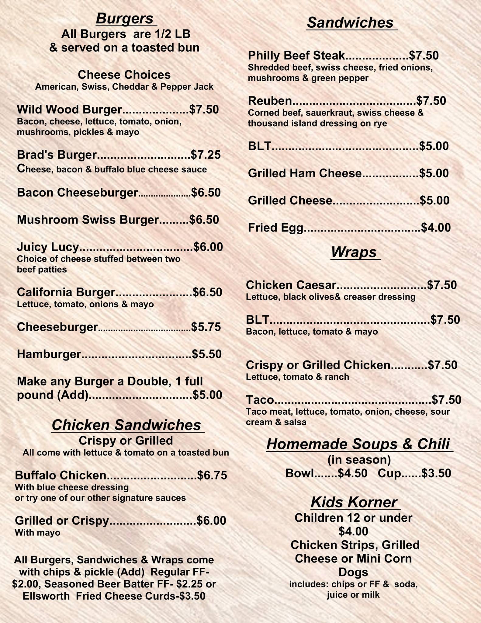 Menu at Wildwood Bar & Restaurant, Woodville