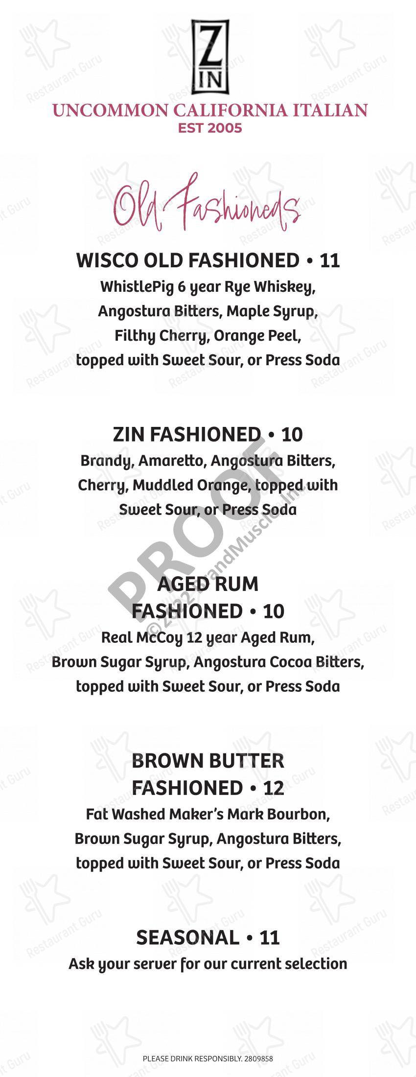 Menu at Zin - Uncommon California Italian pub & bar, Delafield