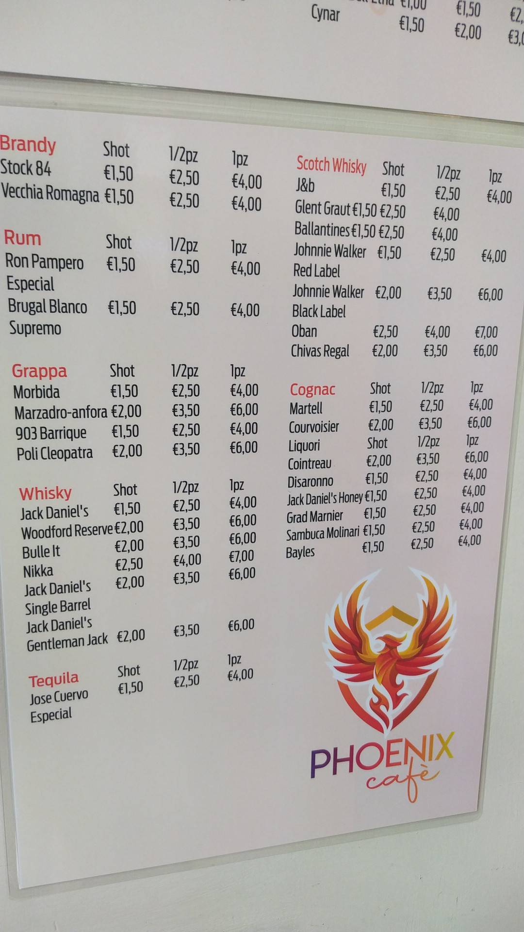 Menu au phoenix cafè pub et bar, Giarre