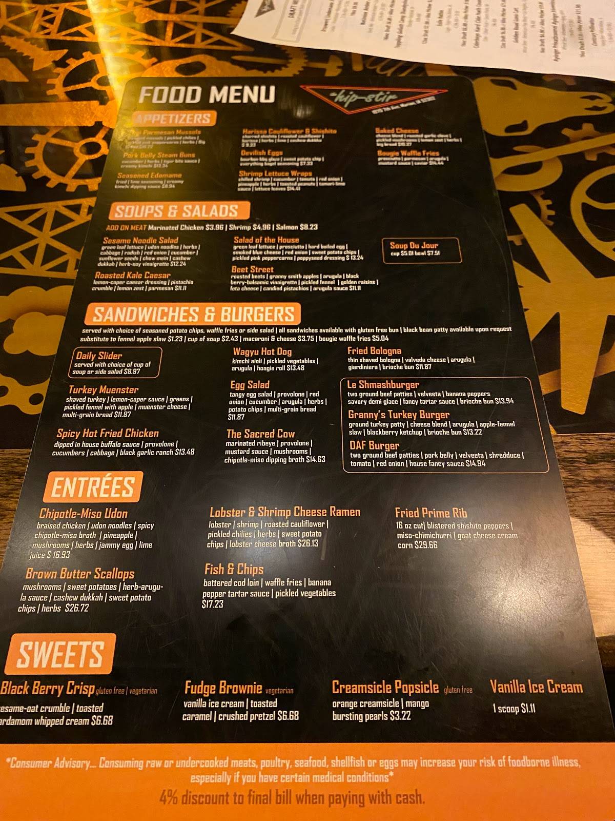 Menu at the hip-stir pub & bar, Marion