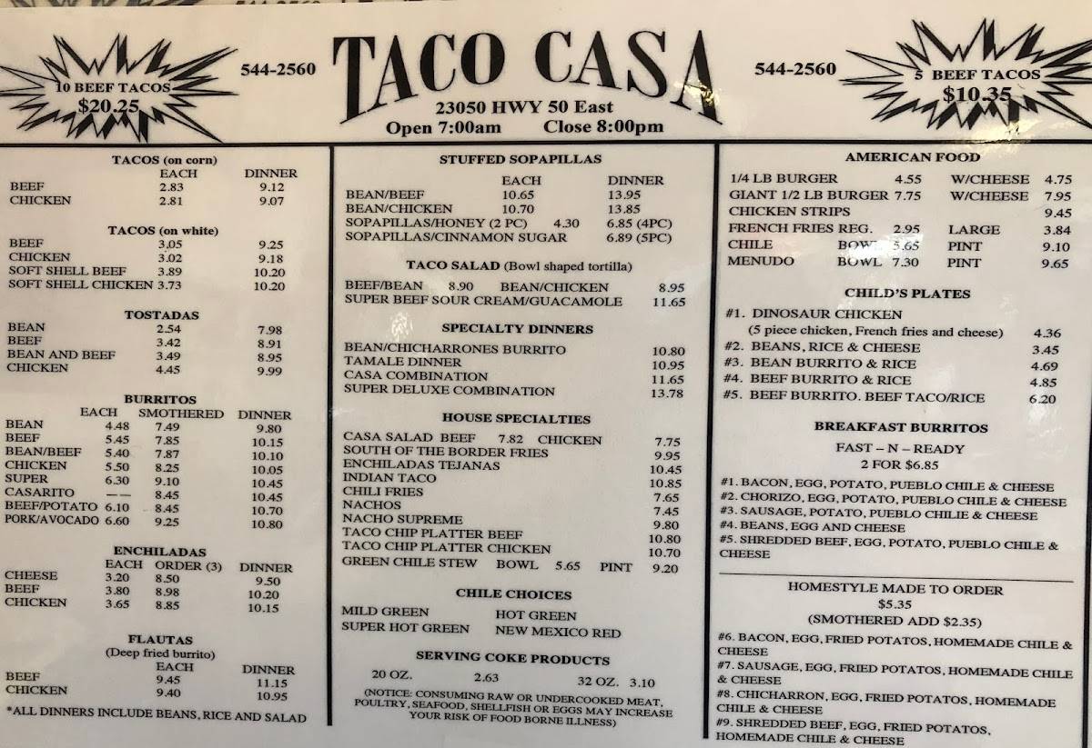 Menu at Taco Casa restaurant, Pueblo, US-50 BUS