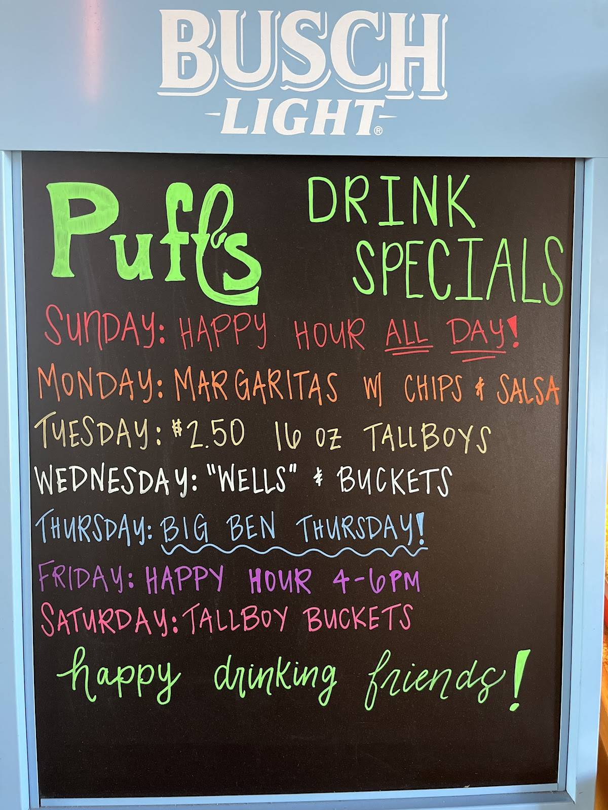 Menu at Puff's pub & bar, Storm Lake