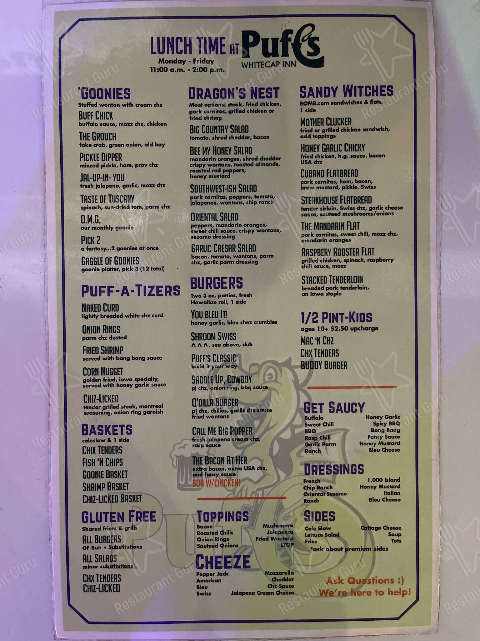 Menu at Puff's pub & bar, Storm Lake