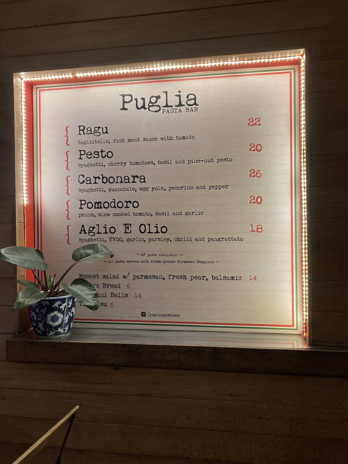 Menu at Puglia Pasta Bar, Byron Bay