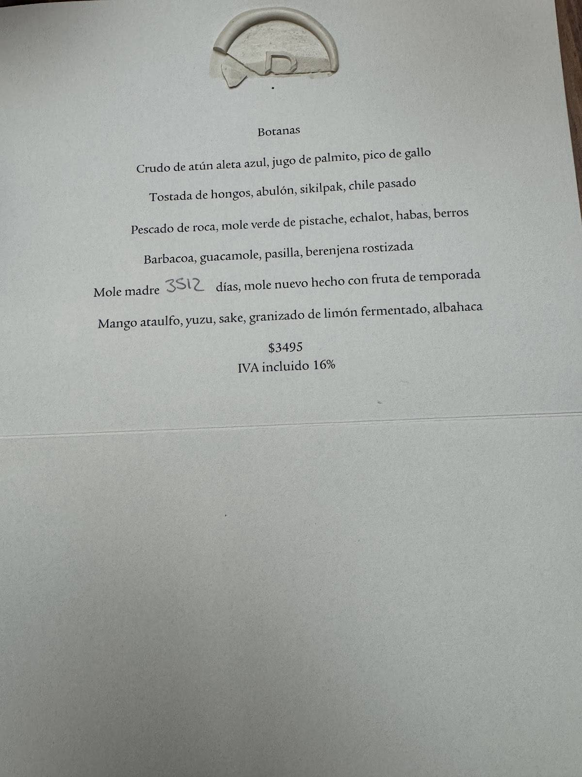 Carta del restaurante Pujol, Ciudad López Mateos, Tennyson 133