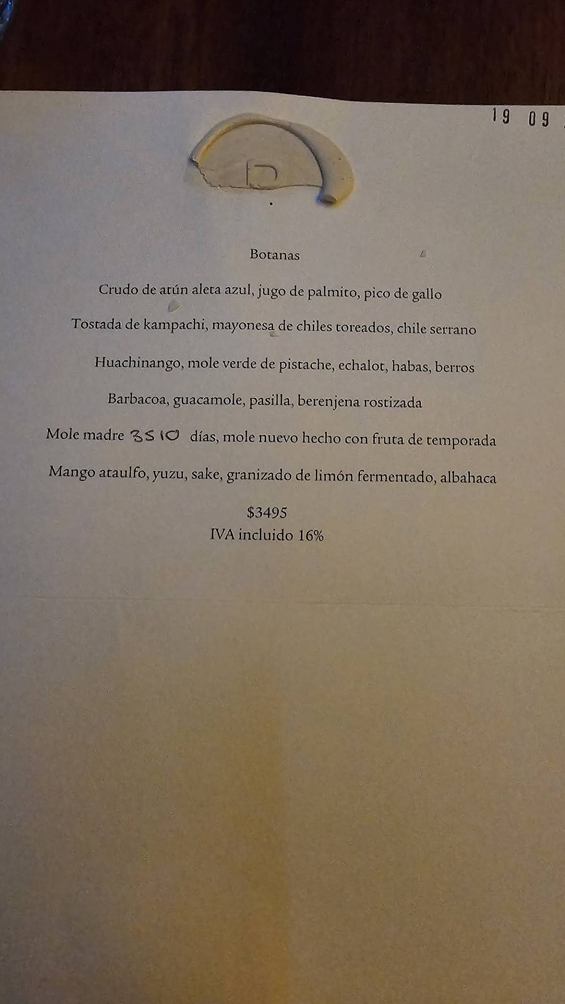 Menu at Pujol restaurant, Ciudad López Mateos, Tennyson 133