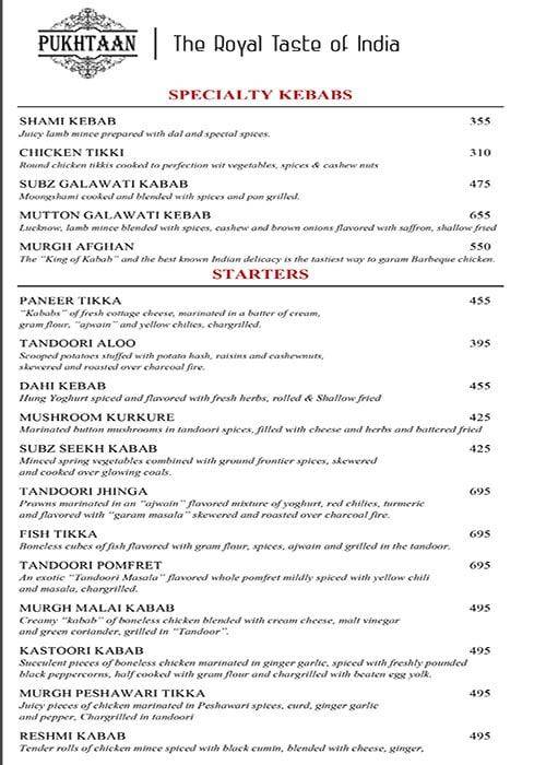 Menu at Pukhtaan, Mumbai, 3VPQ+MM8