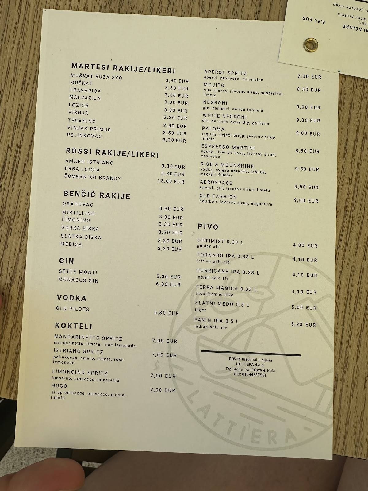 Menu at Kavana Lattiera cafe, Pula