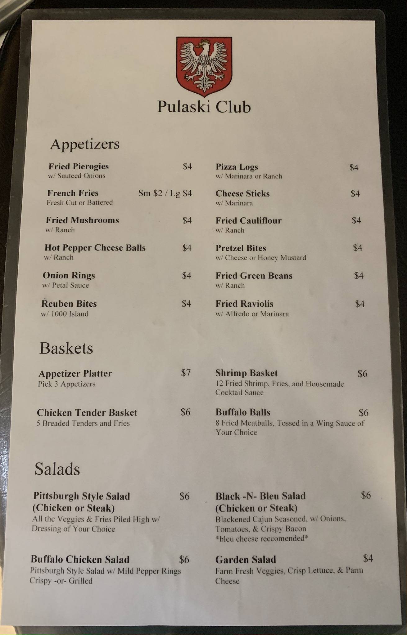 Menu at Pulaski Club, DuBois