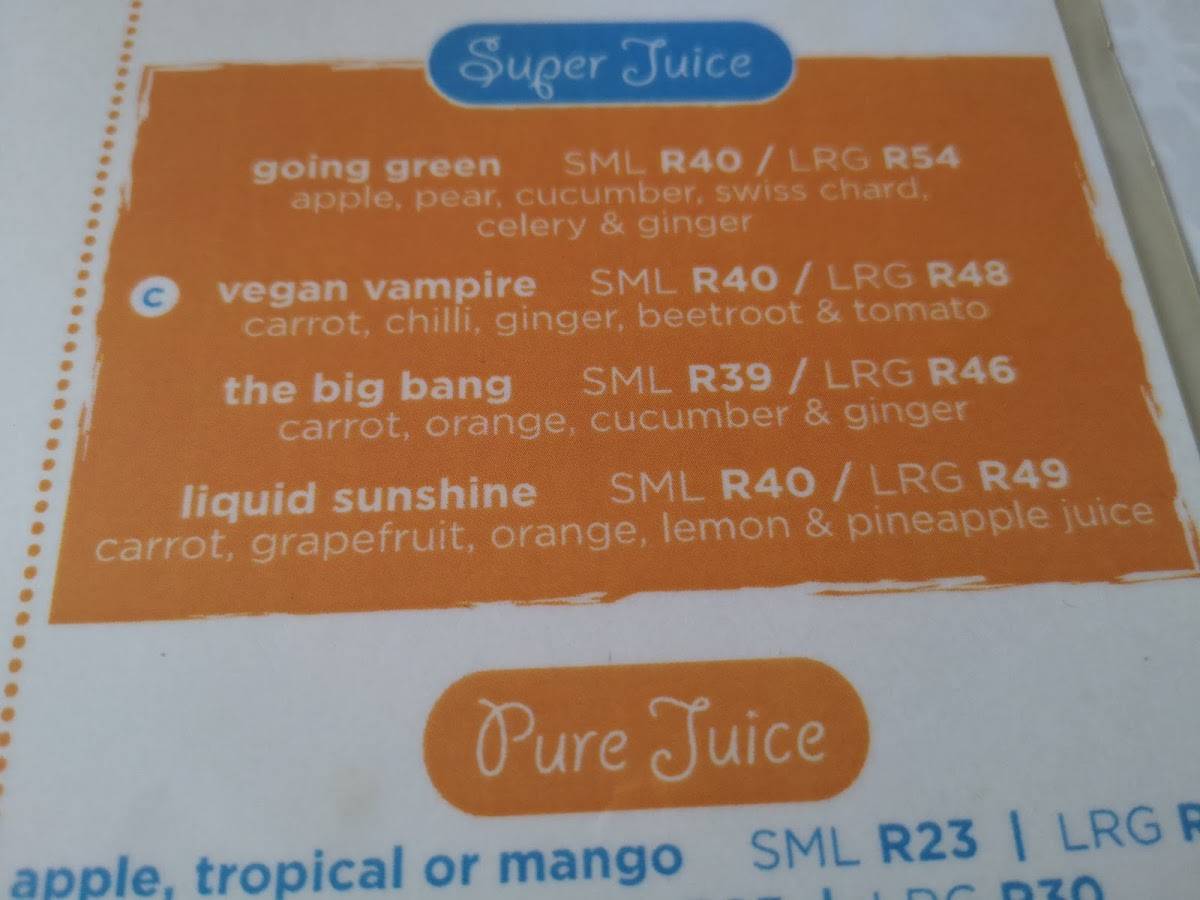Menu au Pulp Kitchen Willowbridge Shopping Centre café, Le Cap