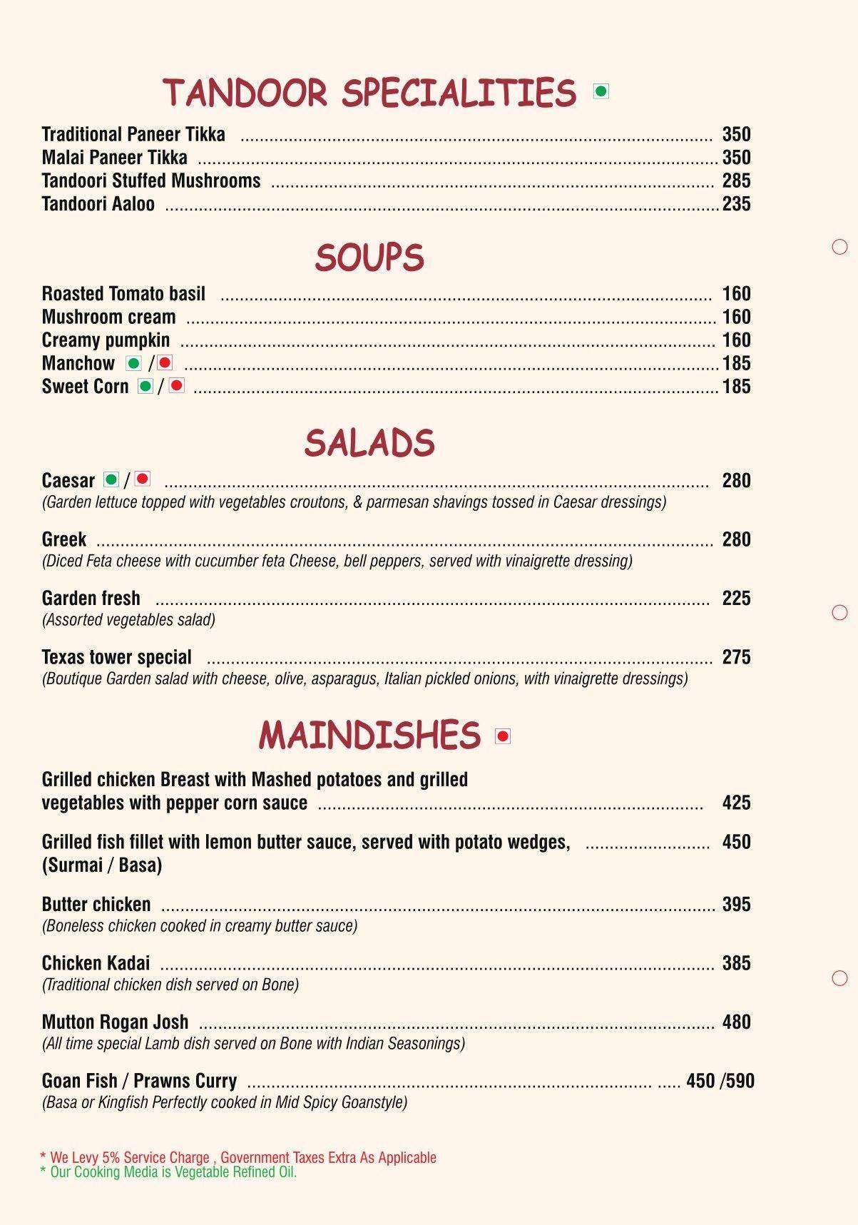 Menu at Texas Tower, Pune, 9th Floor