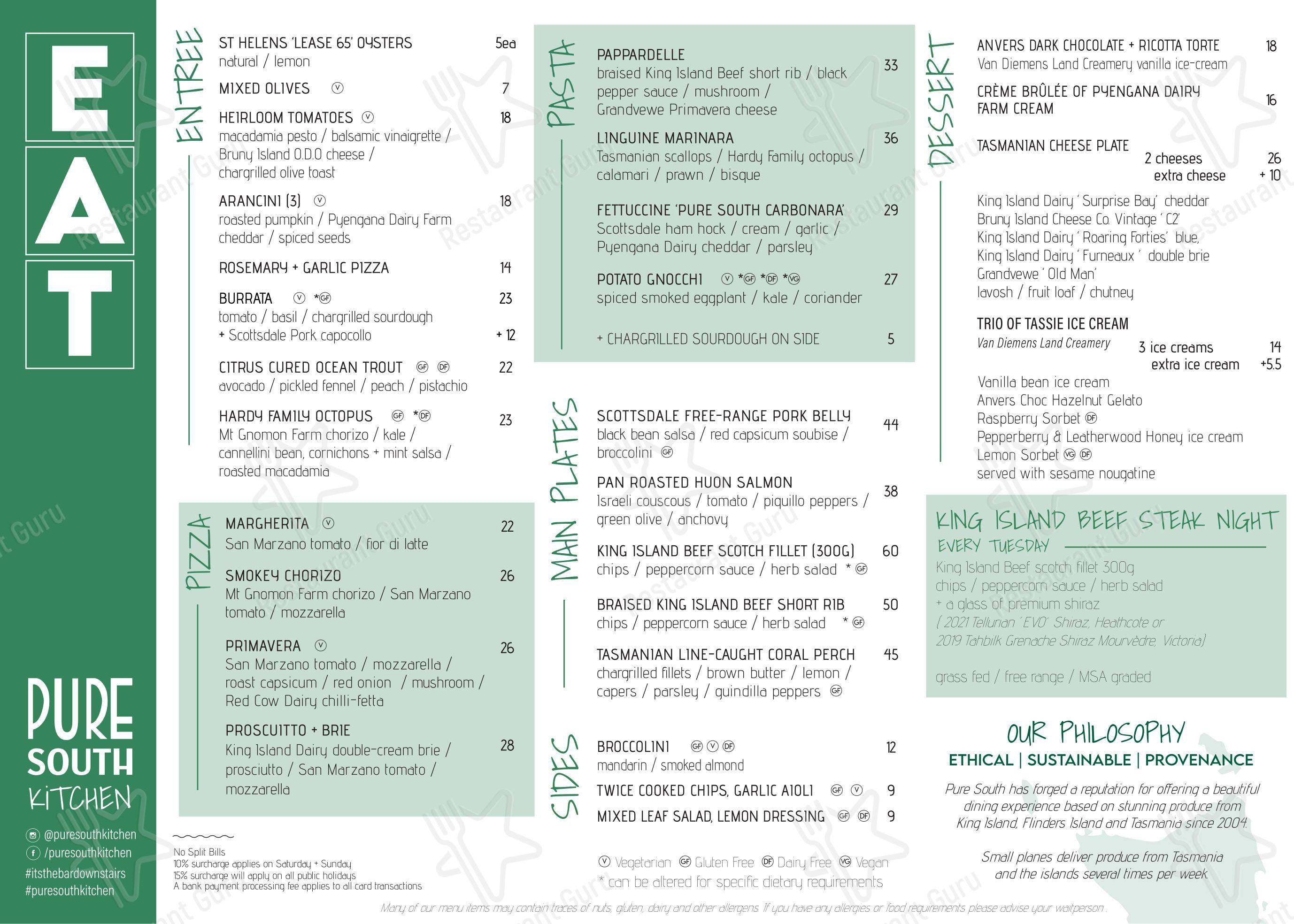 Menu at Pure South Dining restaurant, Southbank, Southbank Promenade