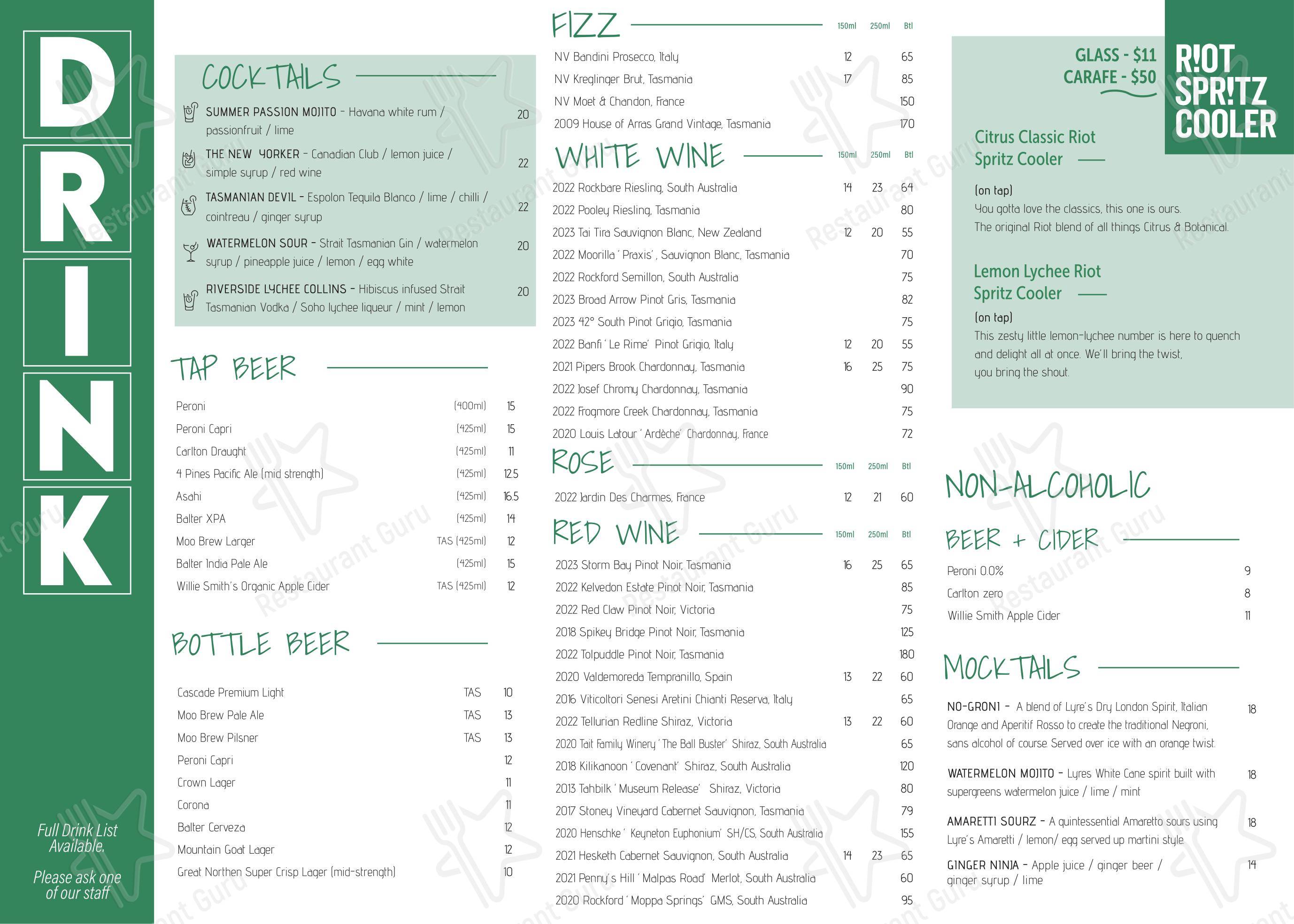 Menu at Pure South Dining restaurant, Southbank, Southbank Promenade