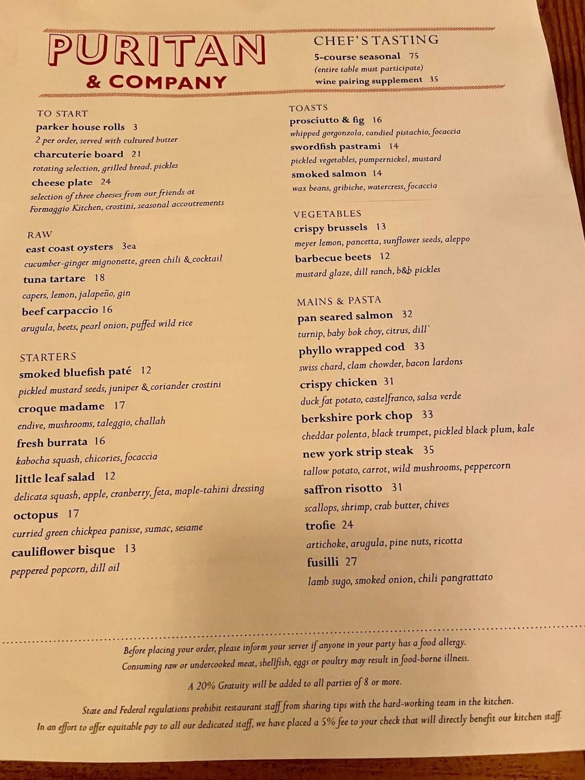Menu at Puritan & Company pub & bar, Cambridge