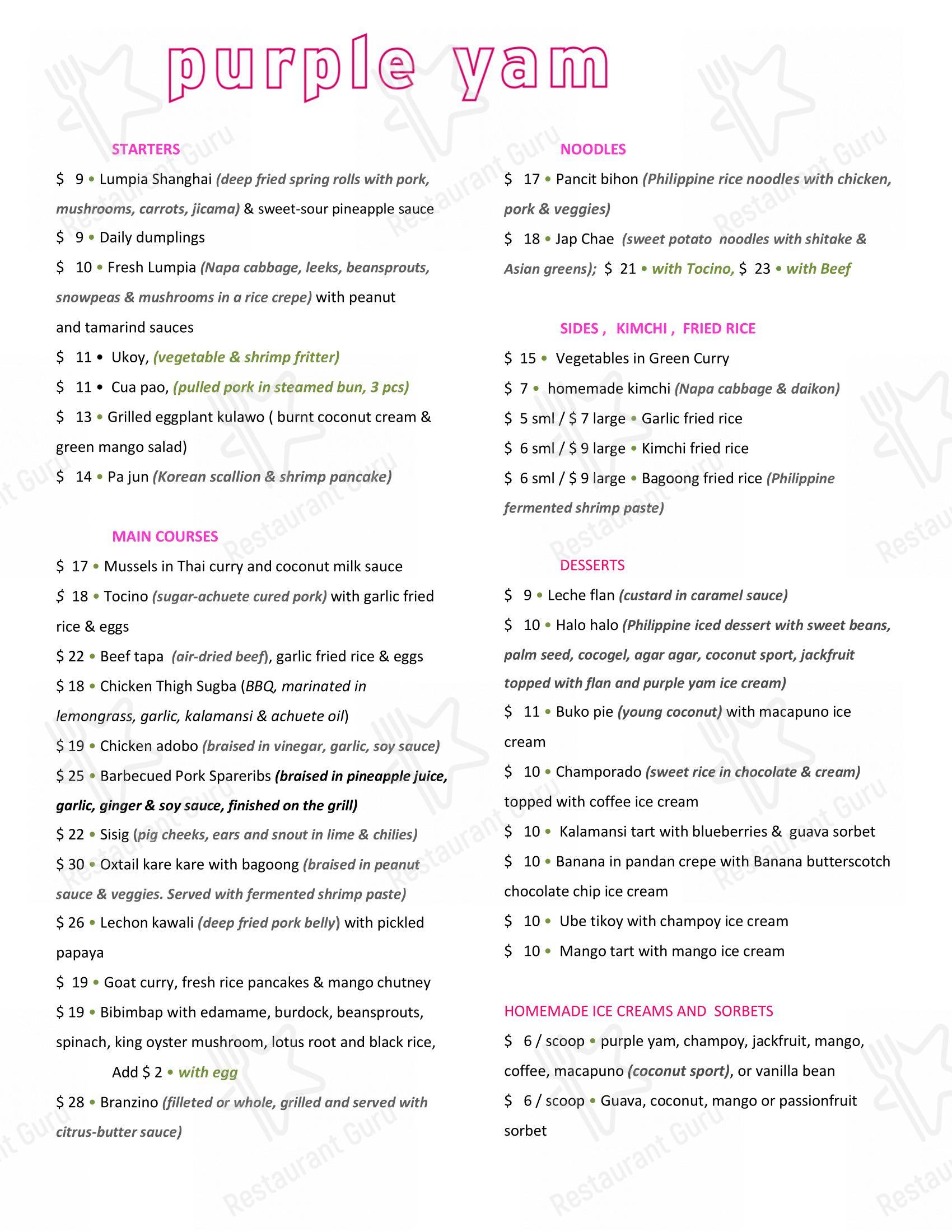 Carta del restaurante Purple Yam, Manila