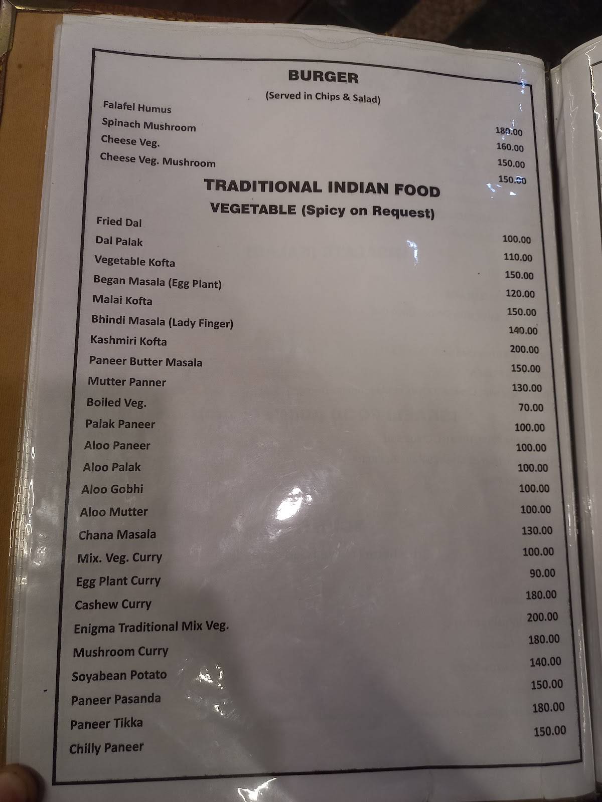 Menu at The Enigma Cafe, Pushkar