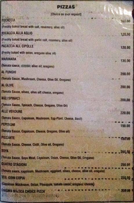 Menu at The Enigma Cafe, Pushkar
