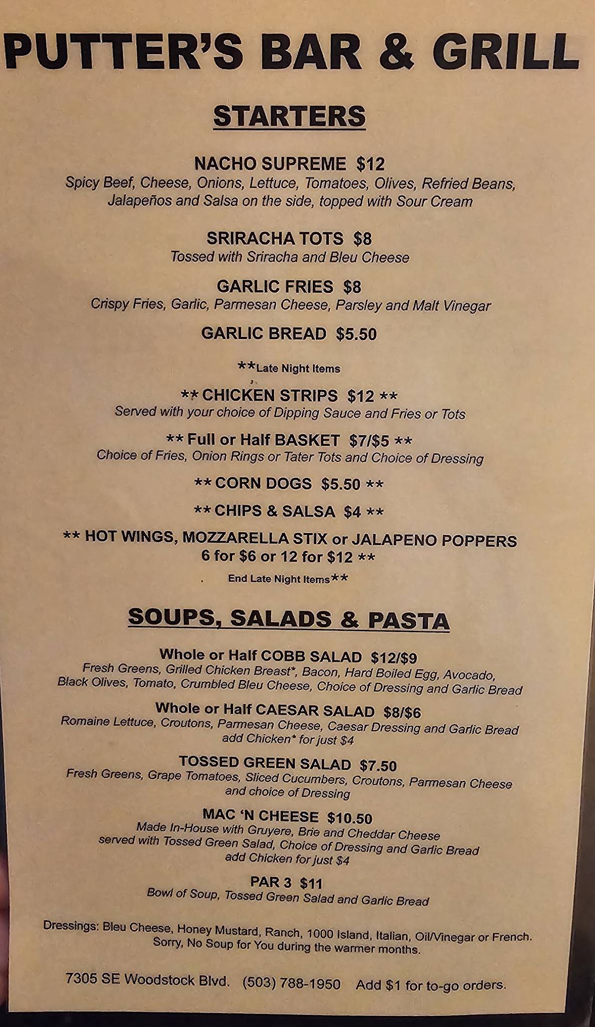 Menu at Putter's Bar & Grill, Portland, 7305 SE Woodstock Blvd