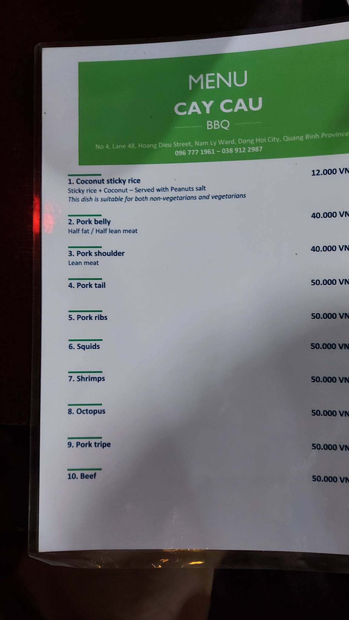 Menu at Quán Nướng Cay Cây Cau restaurant, Đồng Hới, Ngõ 48 Hoàng Diệu