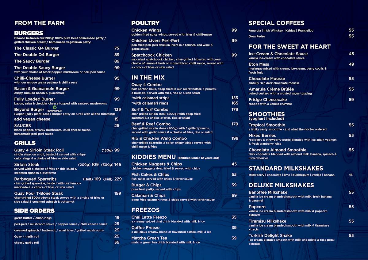 Menu at Quay Four Restaurant, Cape Town, Quay