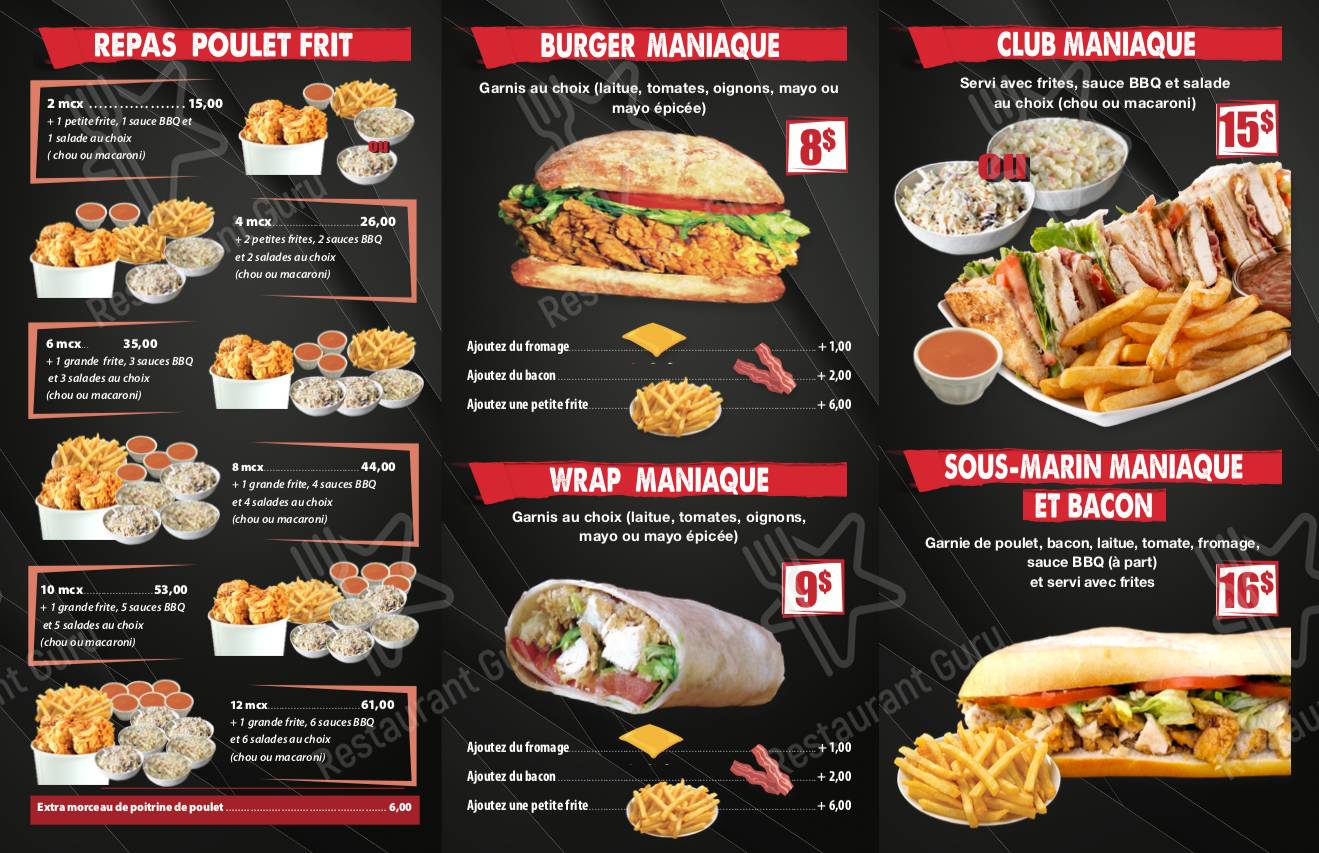 Menu au Québec Pizzeria & Poulet Frit Maniaque, Salaberry-de ...
