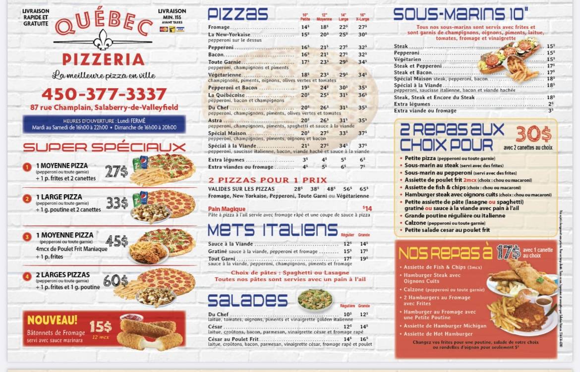 Menu au Québec Pizzeria & Poulet Frit Maniaque, Salaberry-de ...