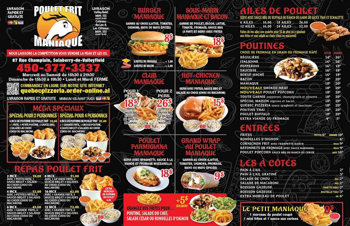 Menu au Québec Pizzeria & Poulet Frit Maniaque, Salaberry-de ...