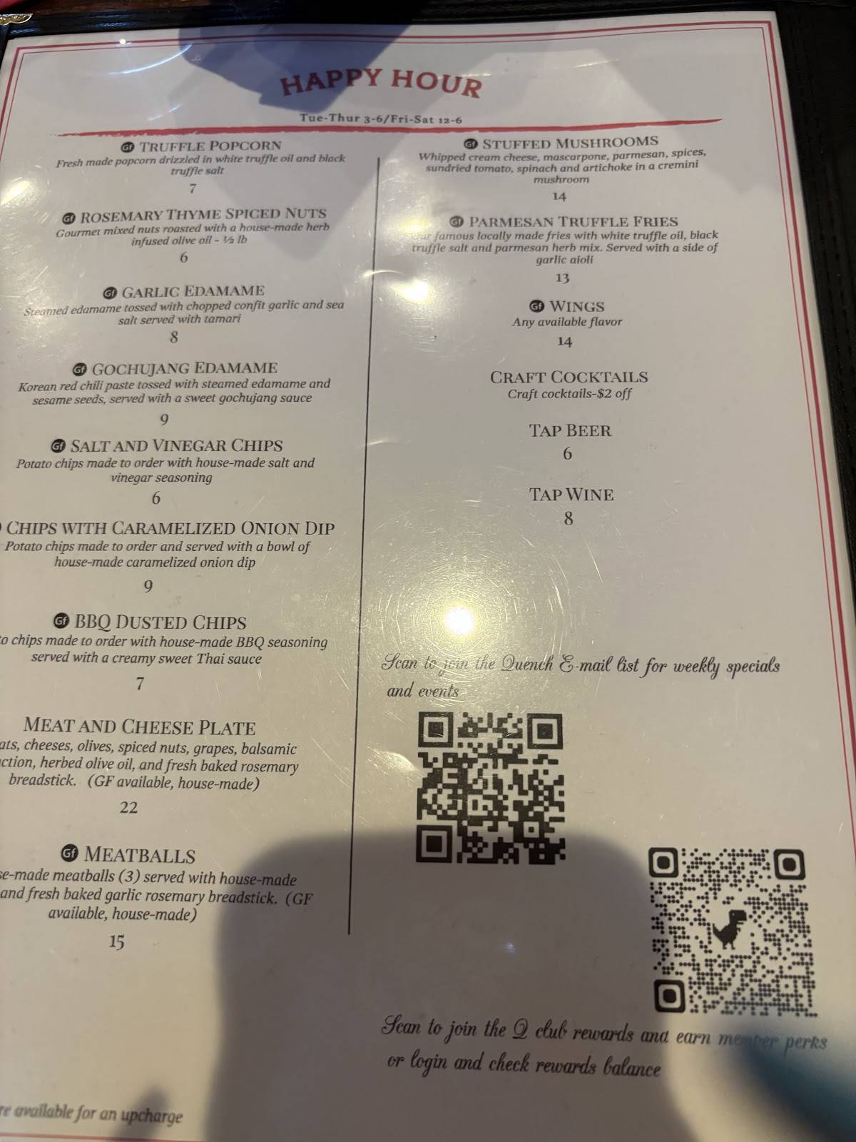 Menu at Quench Taps and Tapas restaurant, Surprise