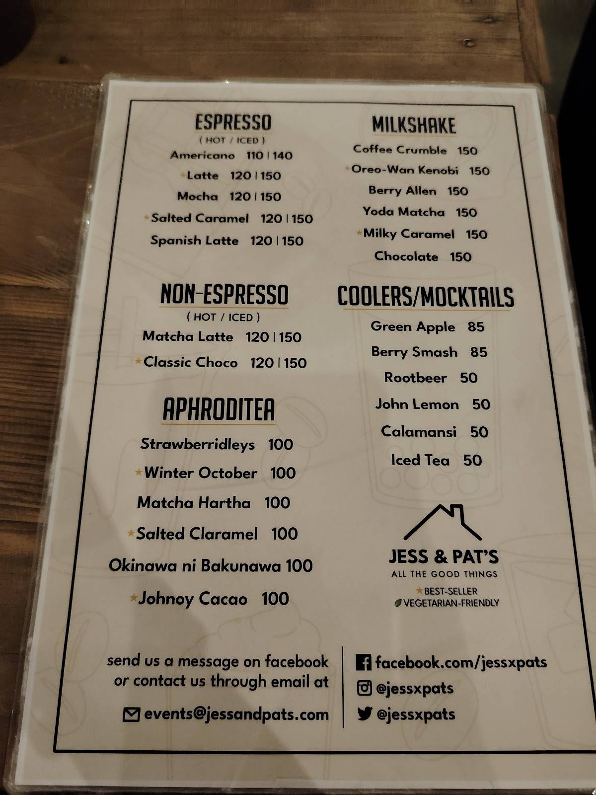 Menu at Jess & Pat's cafe, Quezon City