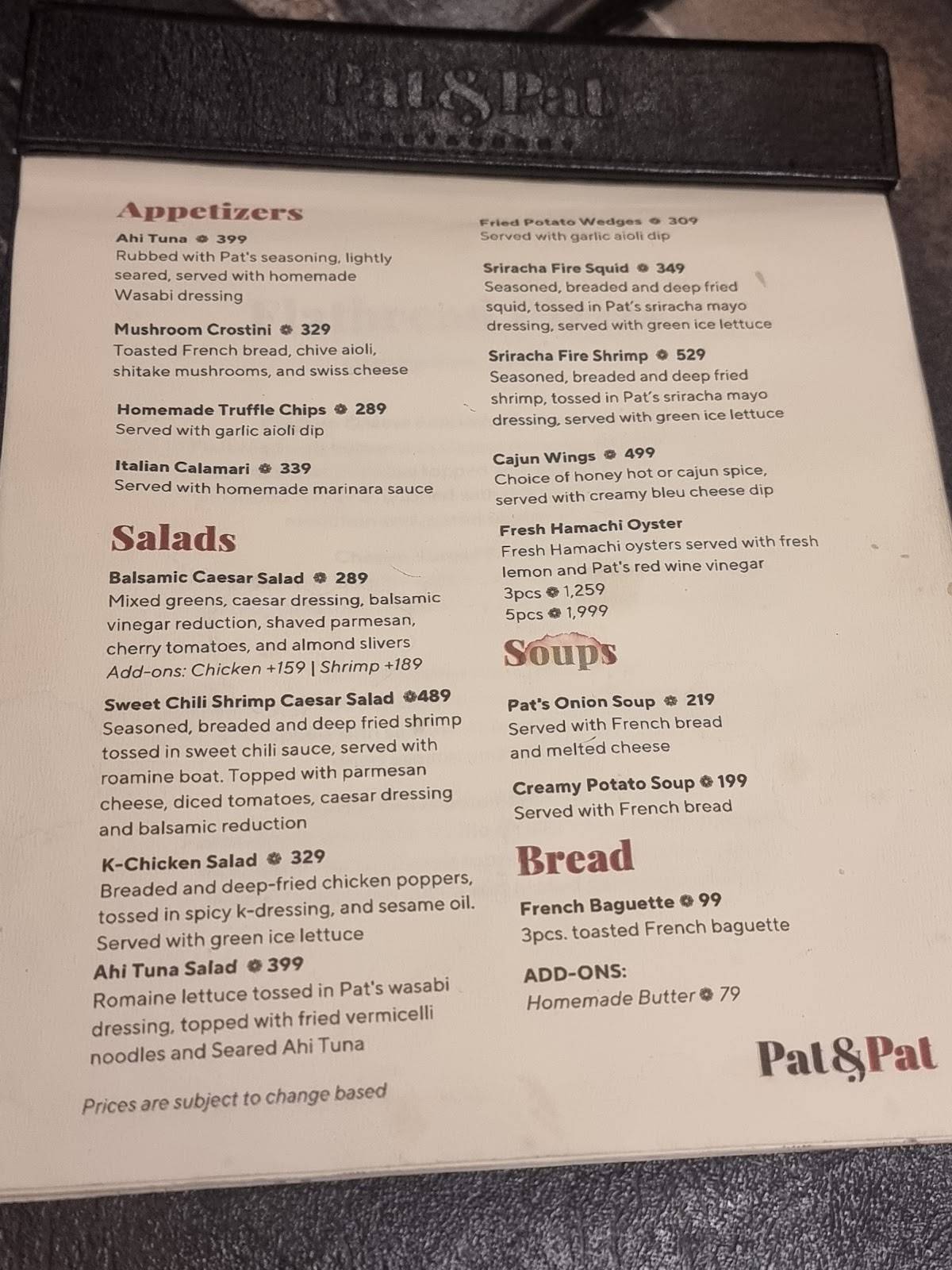 Menu at Pat & Pat Restaurant, Quezon City