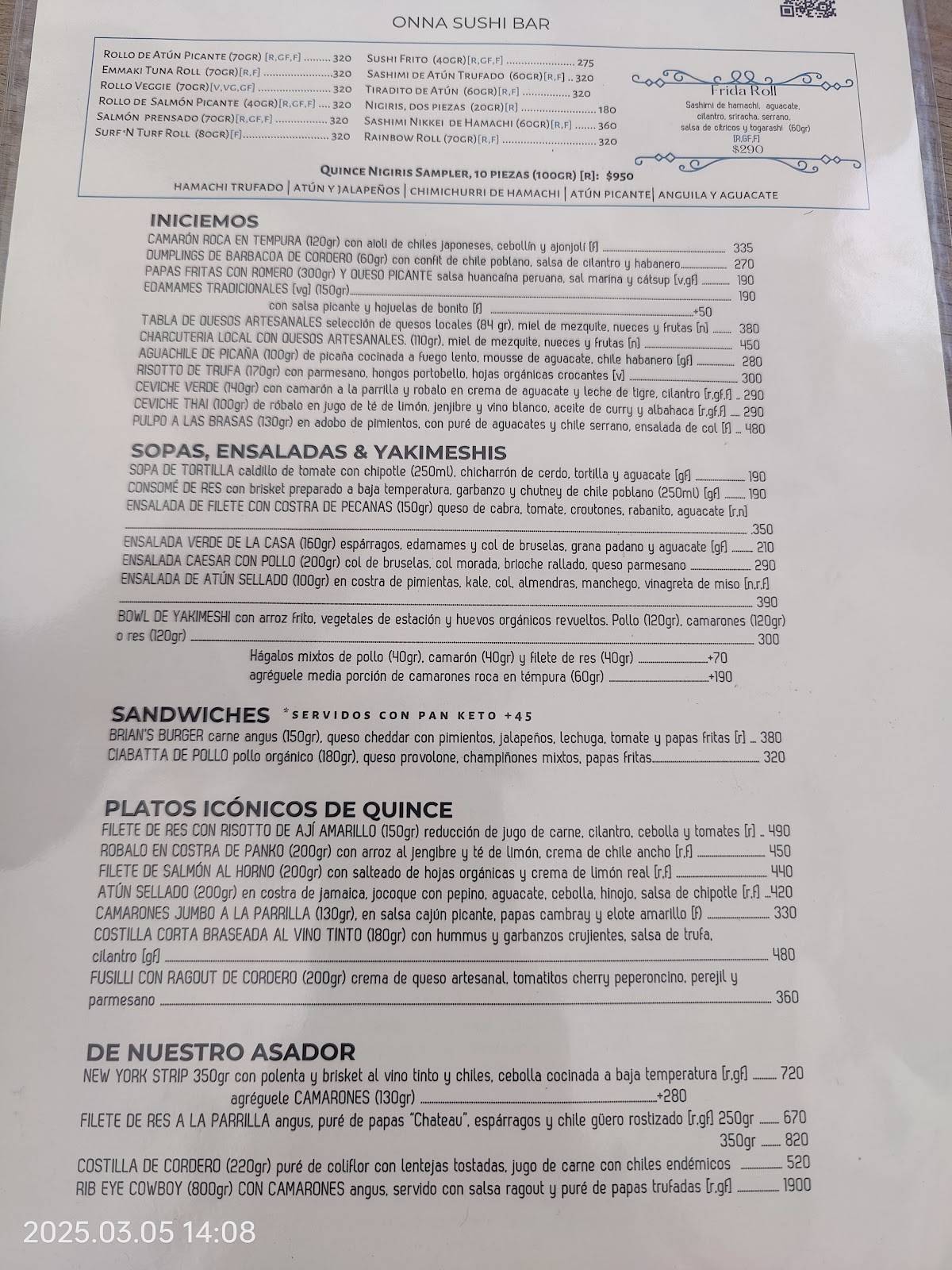 Menu at Quince restaurant, San Miguel de Allende