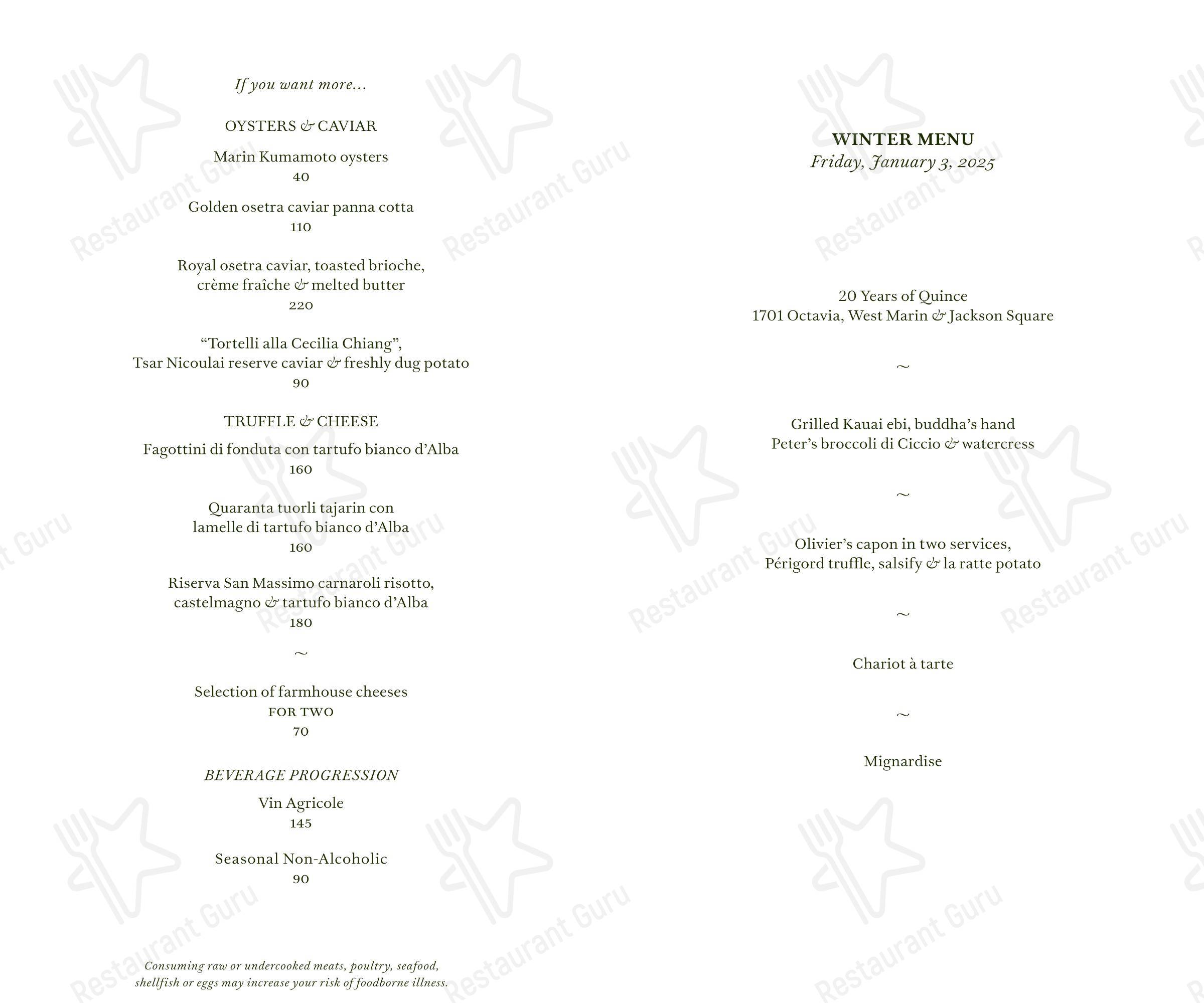 Menu at Quince restaurant, San Francisco