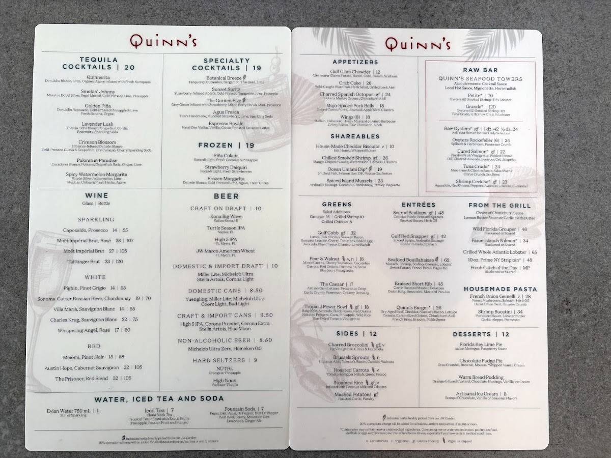 Carta del restaurante Quinn's at JW Marriott Marco Island, Marco Island