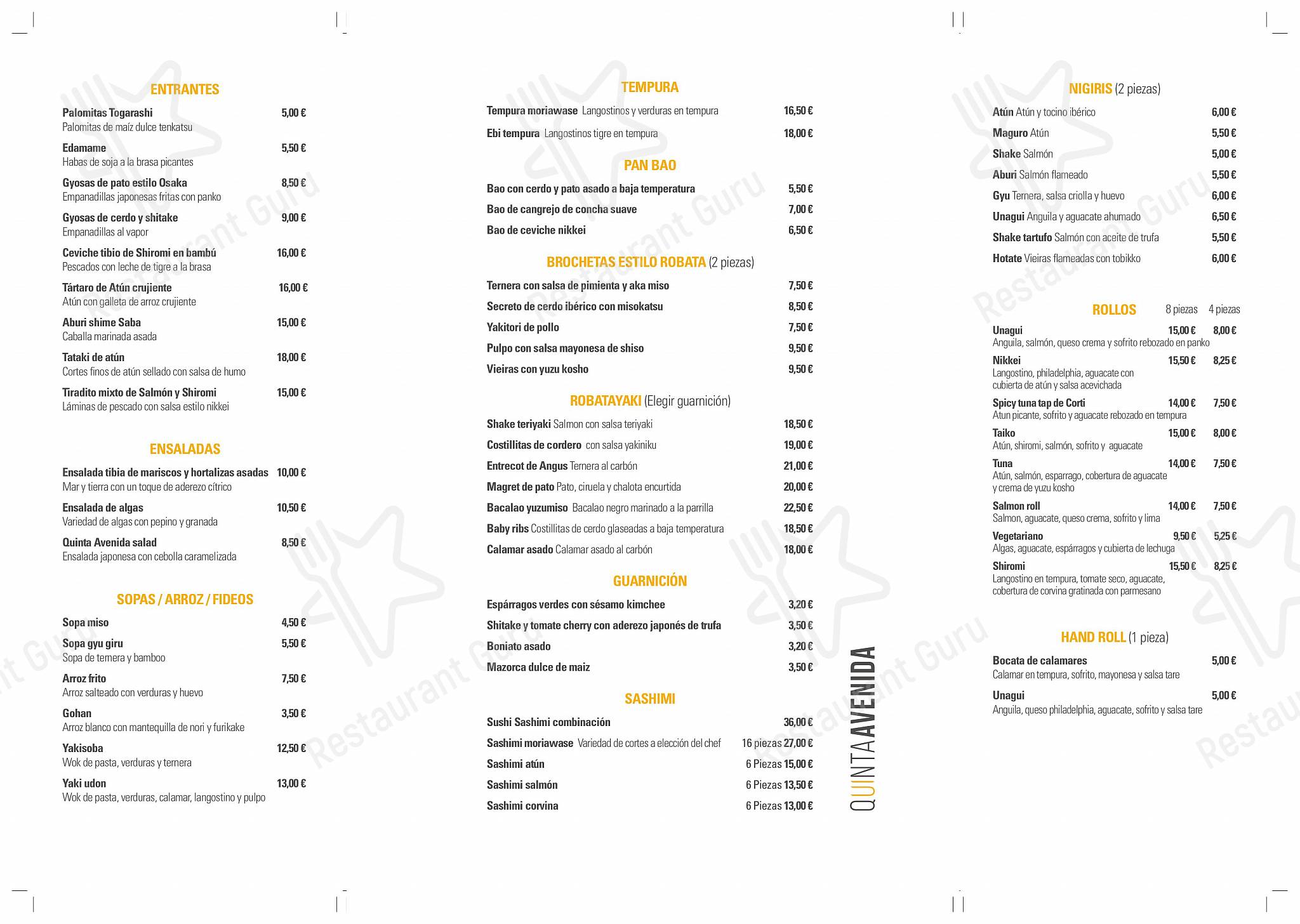 Carta de Quinta Avenida- Restaurante Japonés, Palma de Mallorca