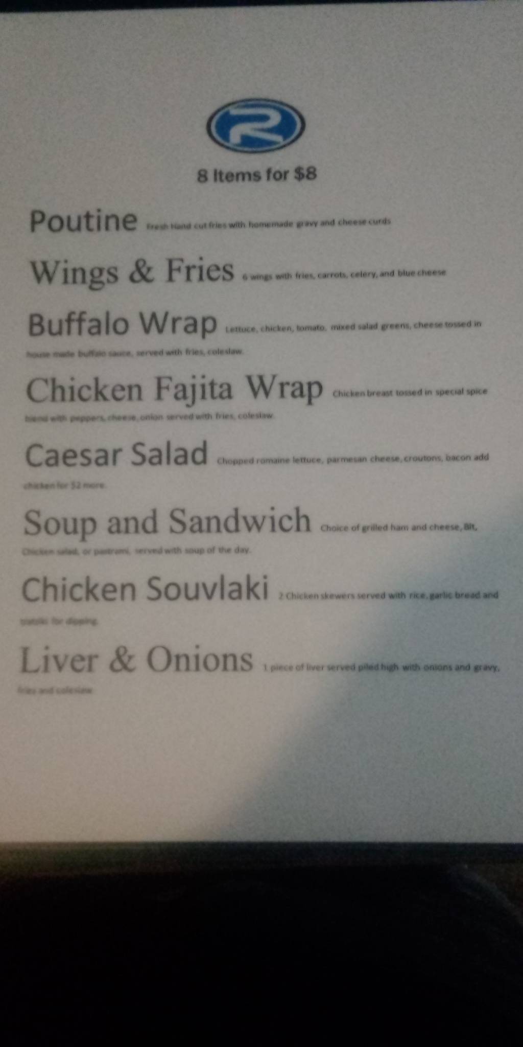 Menu at R Bar, Niagara Falls
