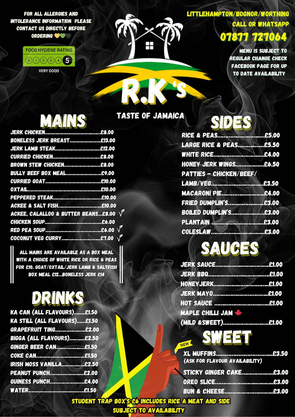 Menu at R.K’s Taste of Jamaica restaurant, Littlehampton
