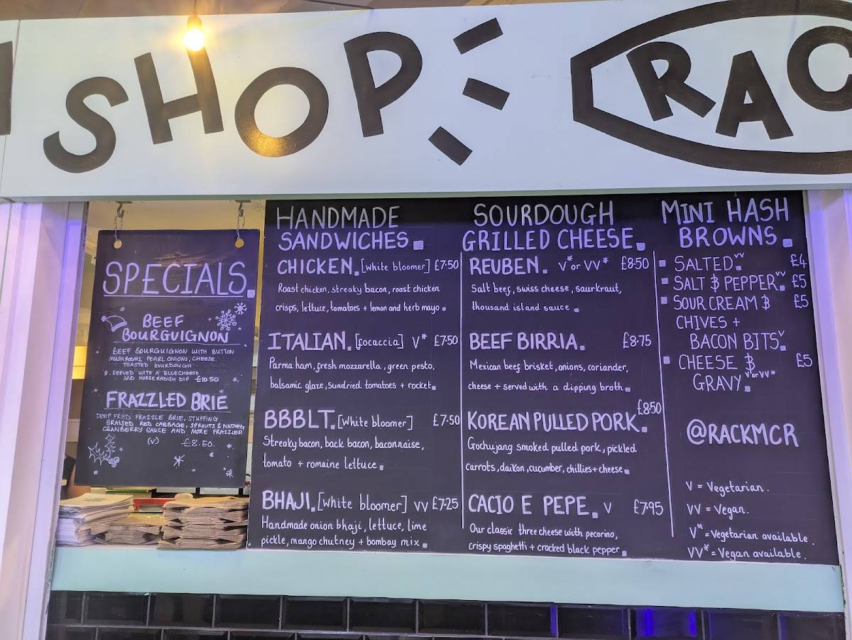 Menu at Rack fast food, Manchester